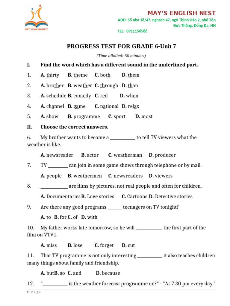 PROGRESS TEST FOR GRADE 6-Unit 7 | PDF