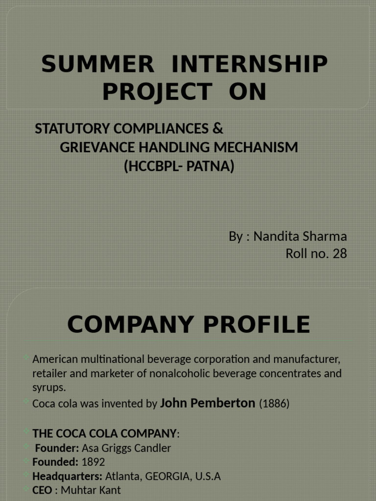Statutory Compliance & Grievance Handling at HCCBPL | PDF | Coca Cola ...