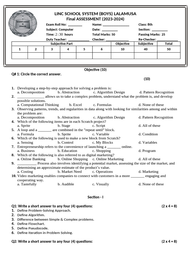Final Term Exams Class 8th | PDF | Algorithms | Computational Science