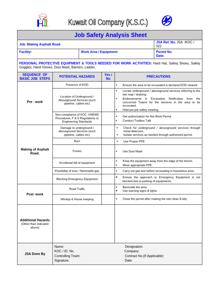 JSA -Making Temporary Gutch Road | PDF | Personal Protective Equipment ...
