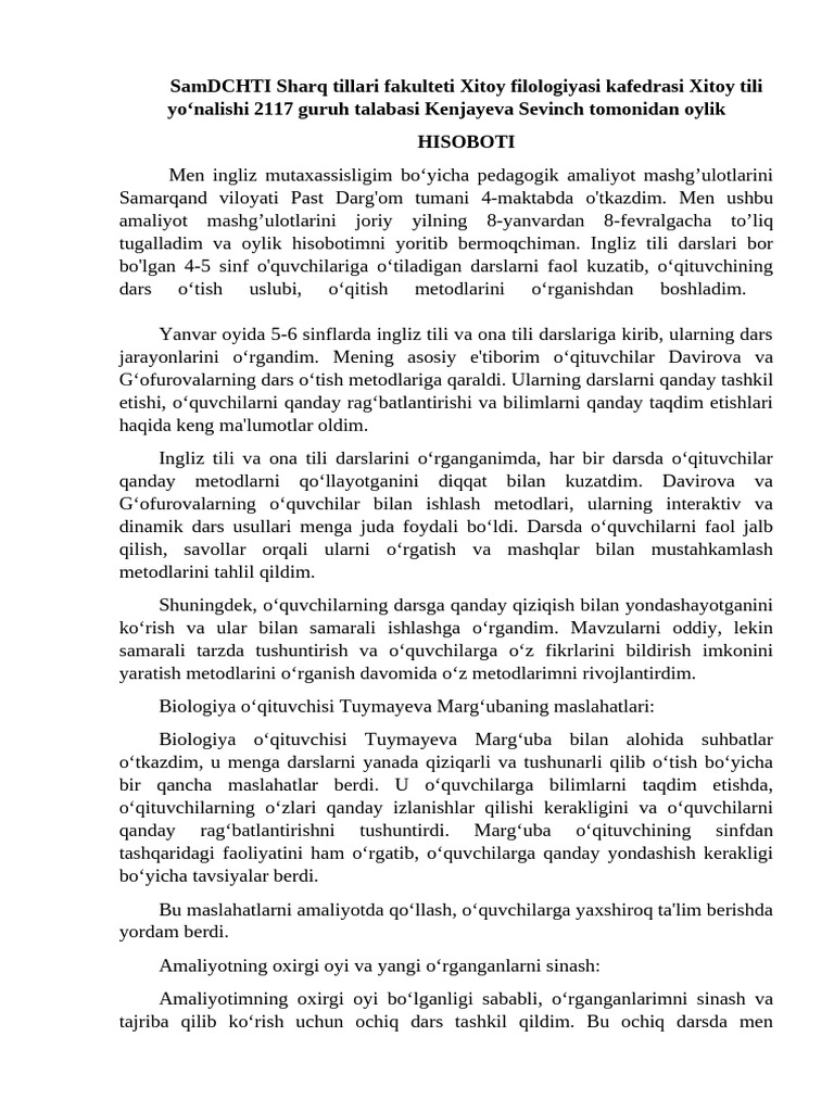 yanvar oylik hisobot to'liq | PDF