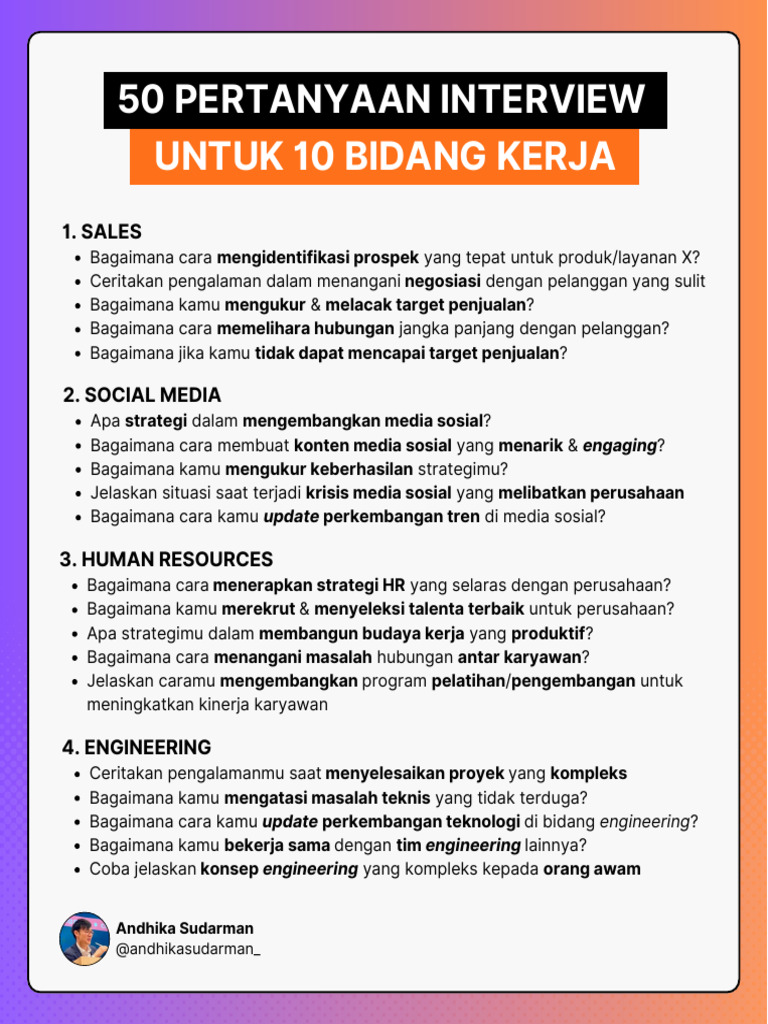 50 Bocoran Pertanyaan Interview Untuk Berbagai Posisi | PDF