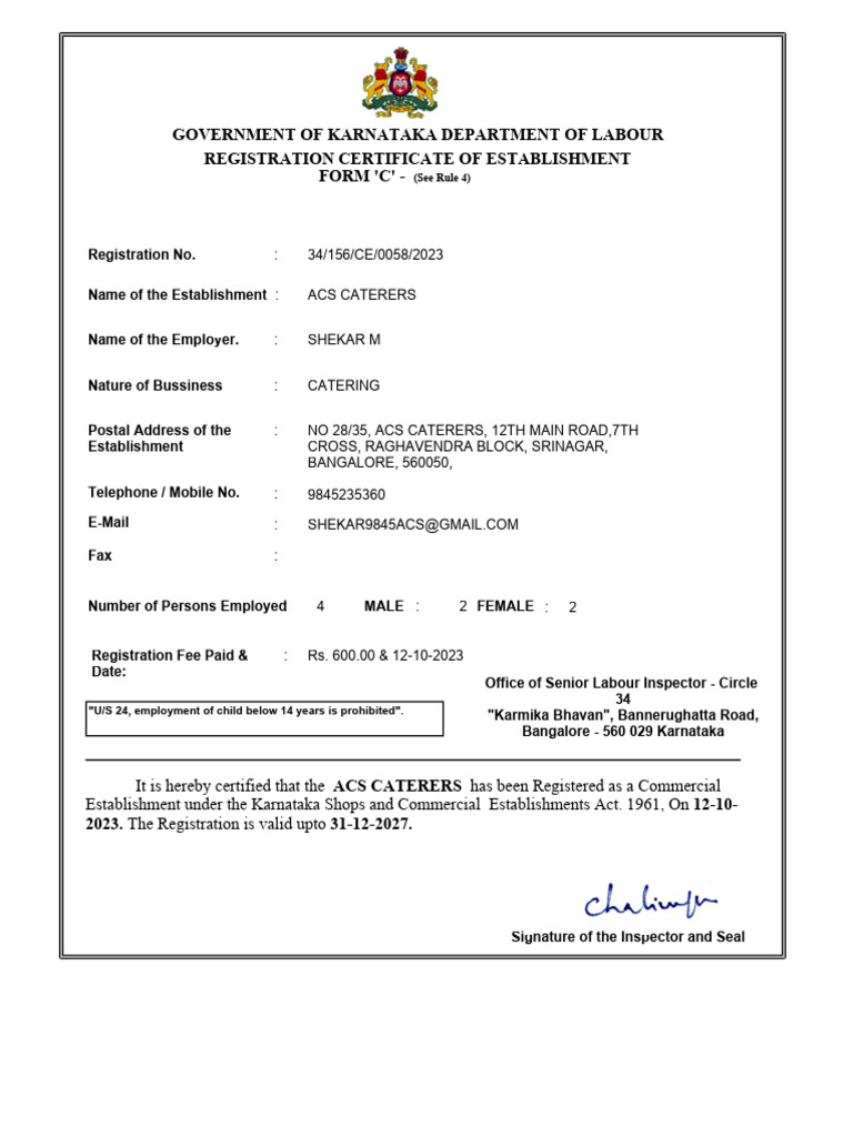 Karnataka Commercial Establishment Registration | PDF