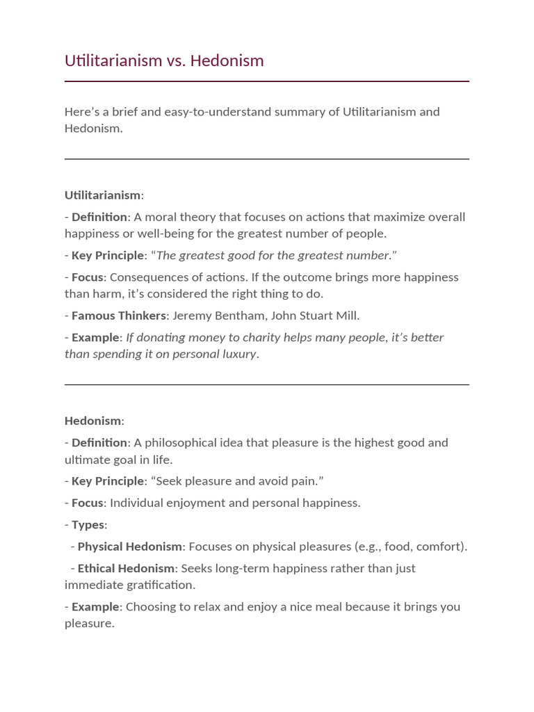 Utilitarianism vs. Hedonism | PDF | Utilitarianism | Hedonism