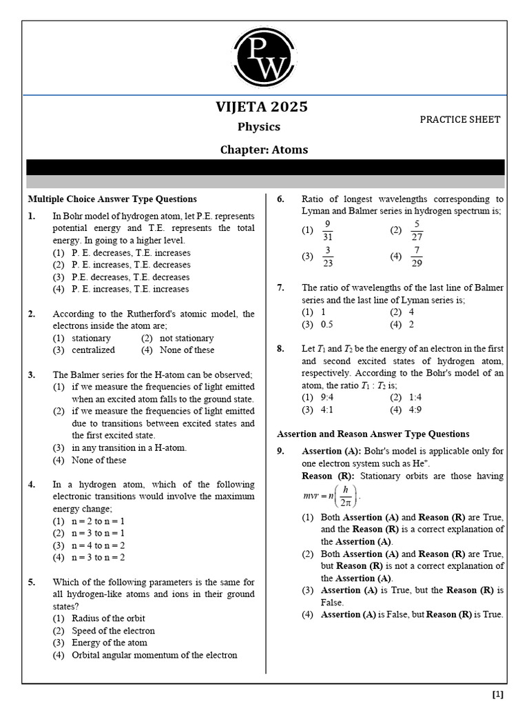 Atoms _ Practice Sheet __ Vijeta 2025 | PDF | Atoms | Electron