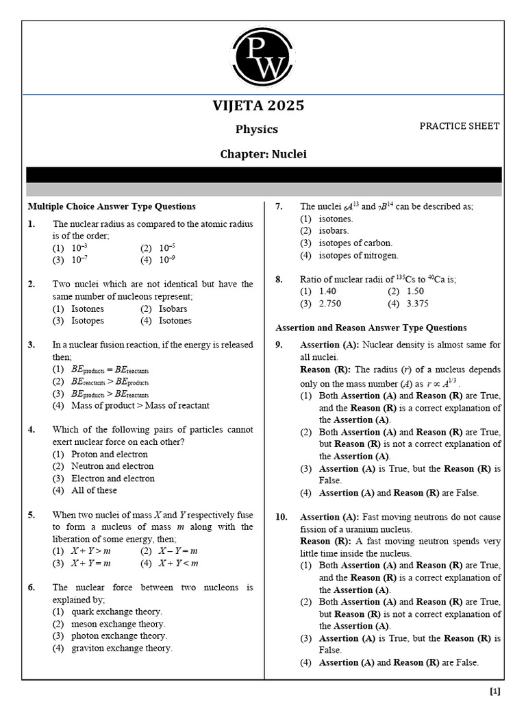 Nuclei - Practice Sheet - Vijeta 2025 | PDF | Atomic Nucleus | Isotope