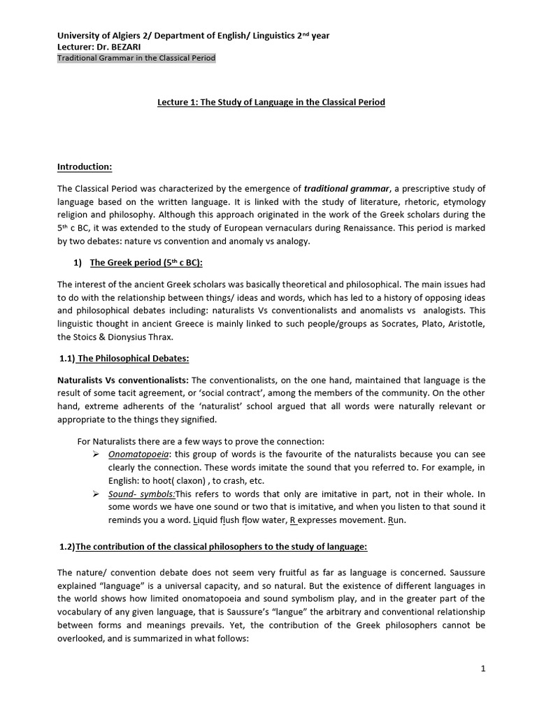 lecture 1 classical period | PDF | Word | Grammar