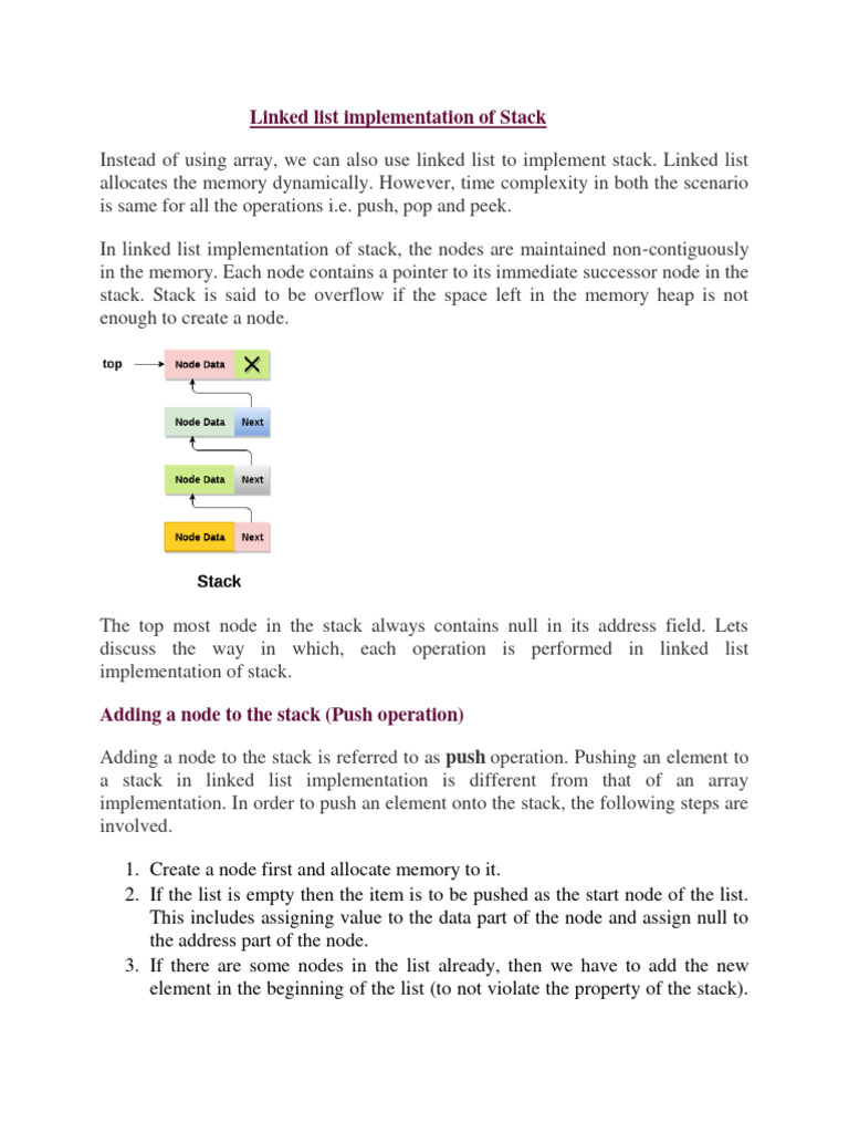 Linked List Implementation of Stack | PDF | Pointer (Computer Programming) | Computer Data