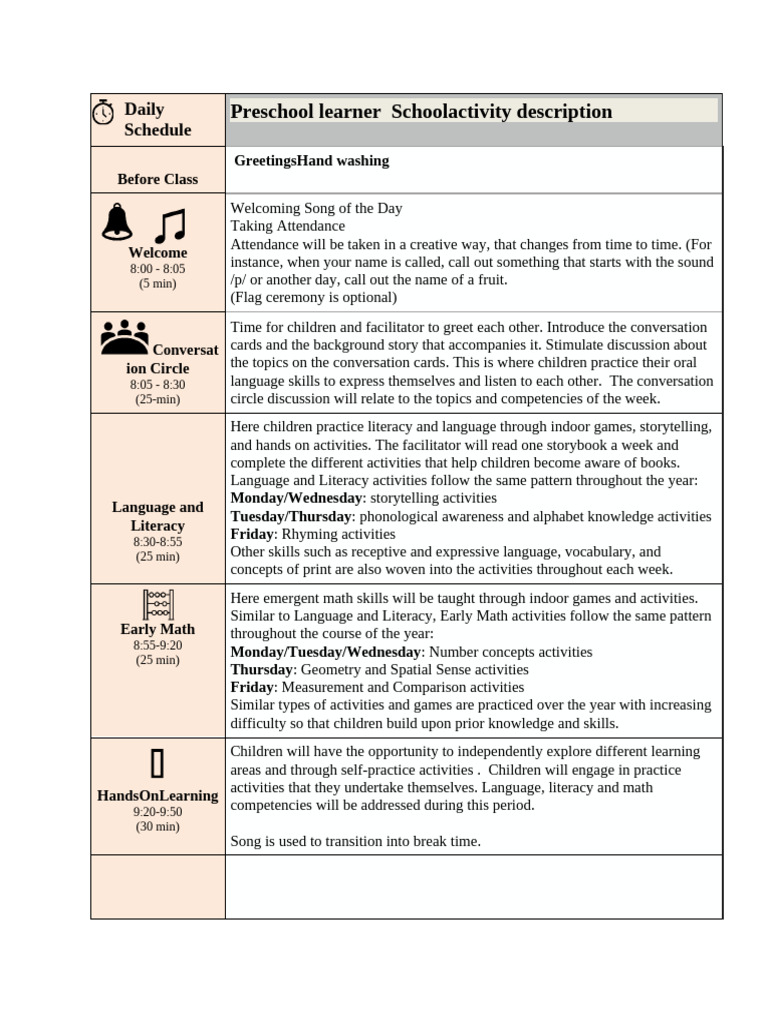 Preschool Daily Activity Schedule | PDF | Literacy | Learning