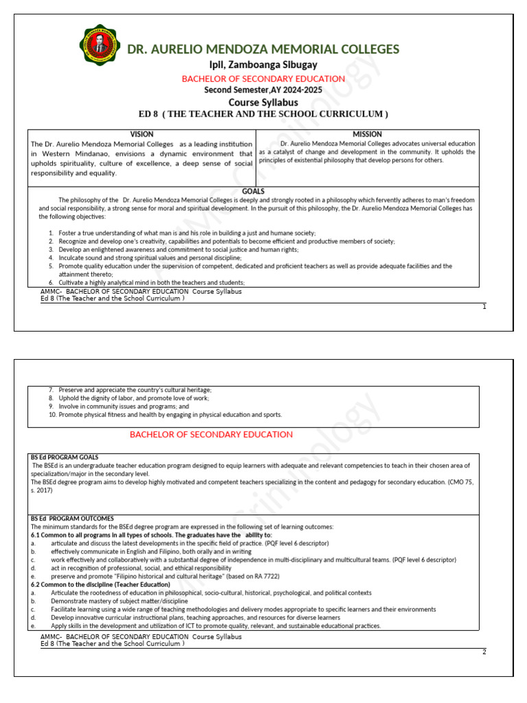 OBE COURSE SYLLABUS BSEd Ed 8 The TSchool Curriculum 4 Printing AutoRecovered | PDF | Curriculum ...