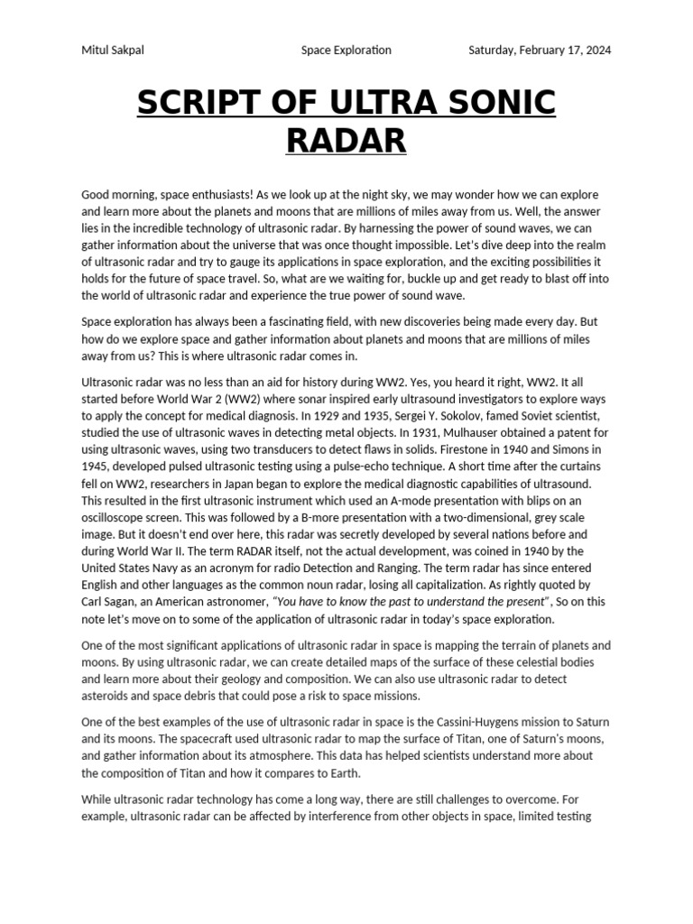 Script of Ultra Sonic Radar | PDF | Ultrasound | Radar