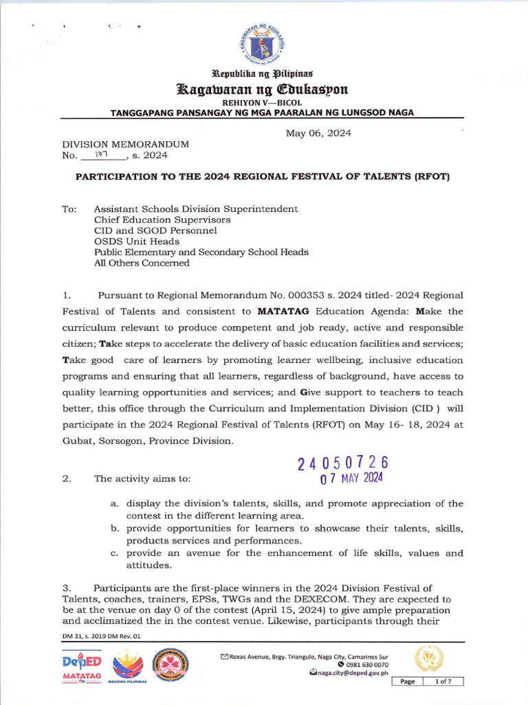 DM No. 137, S. 2024 Participation To The 2024 Regional Festival of ...