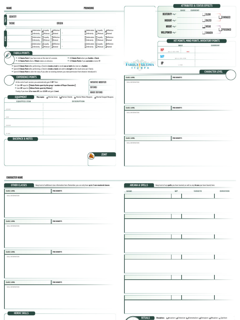 Fabula Ultima Character Sheet | PDF | Role Playing Games | Storytelling