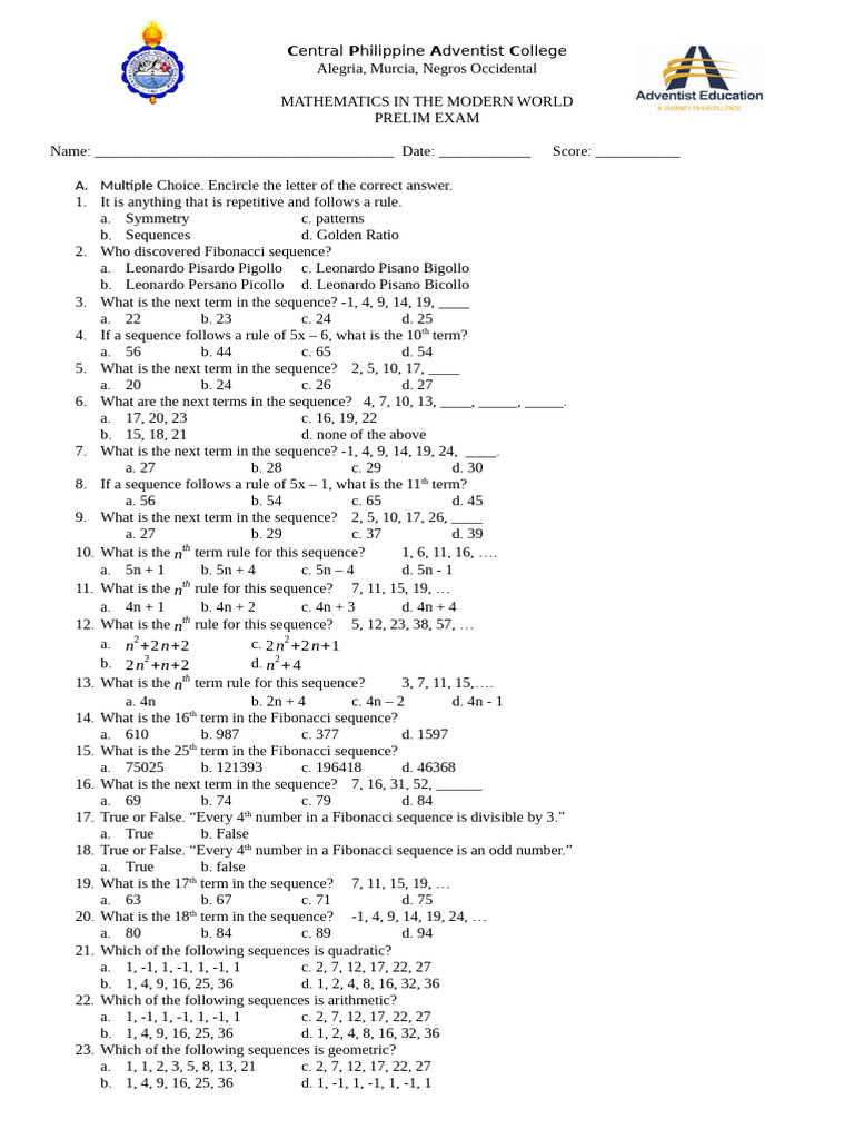 Mathematics Prelim Exam Review | PDF | Empty Set | Set (Mathematics)