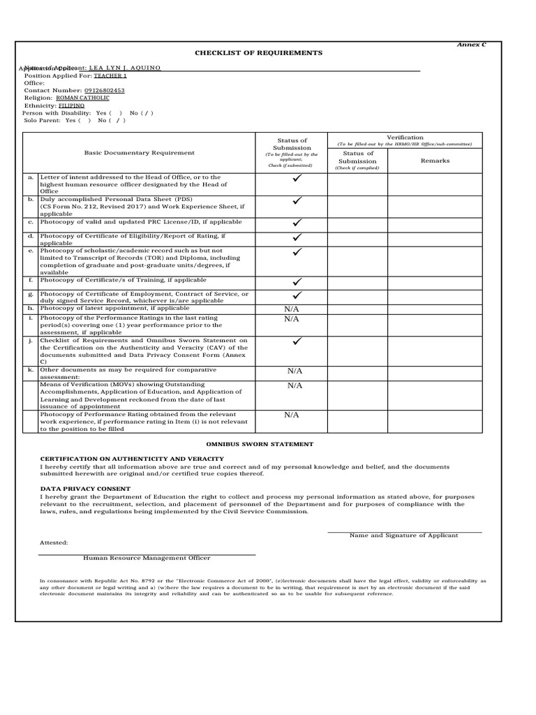Annex C - Checklist of Requirements and Omnibus Sworn Statement | PDF