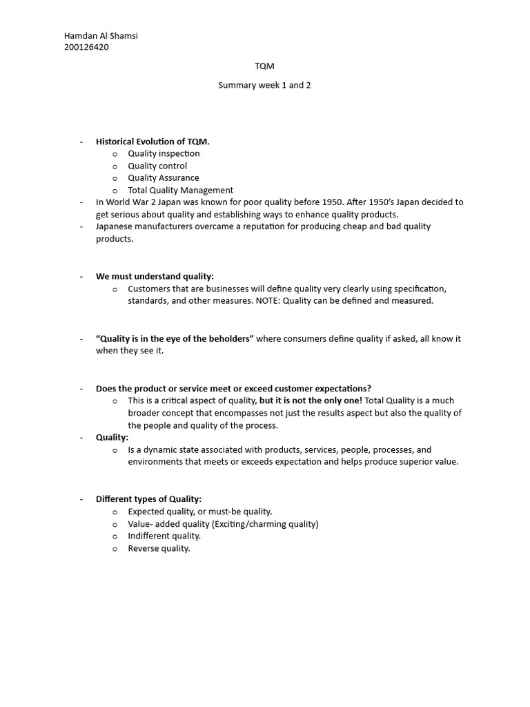 Week 1 and 2 TQM - Summary-Quiz Prep | PDF | Business