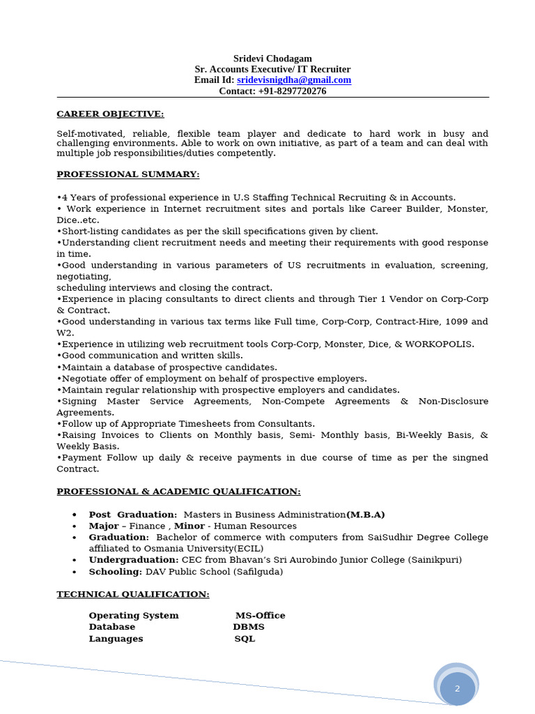 Sridevi Chodagam: IT Recruiter & Accounts Executive Resume | PDF | Databases | Recruitment