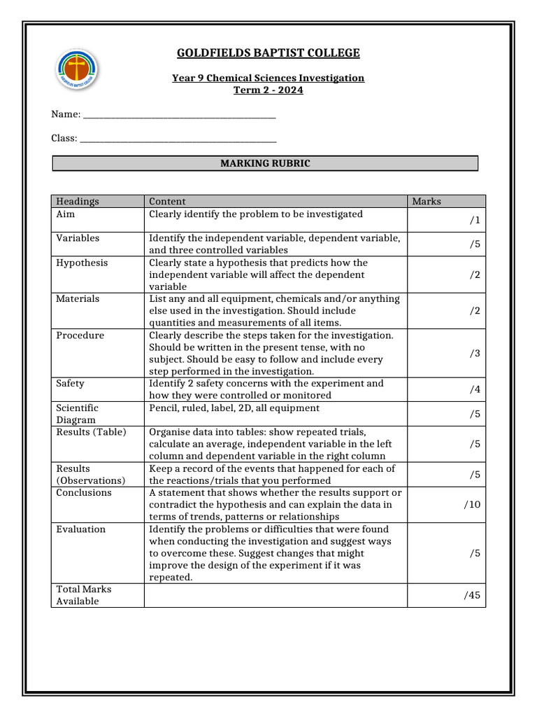 Year 9 Chemical Sciences Investigation Guide | PDF | Chemical Reactions ...