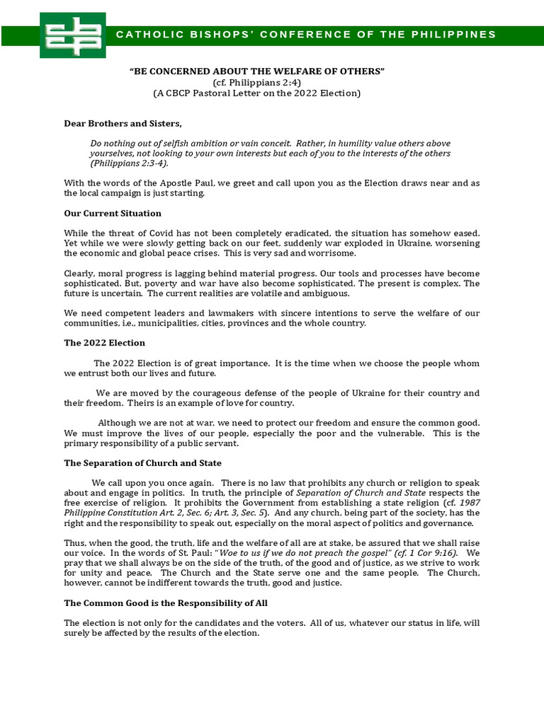 BE CONCERNED ABOUT THE WELFARE OF OTHERS CBCP Pastoral Letter On The ...