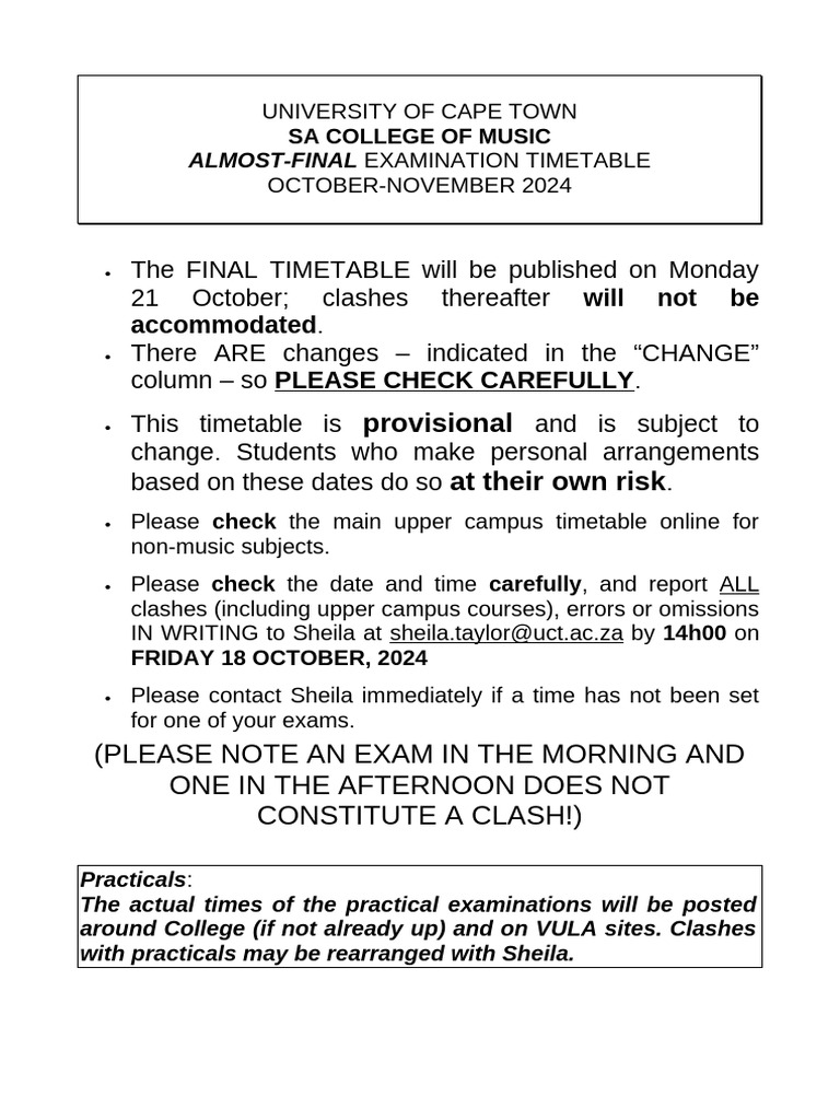 UCT Music Exam Timetable Oct-Nov 2024 | PDF