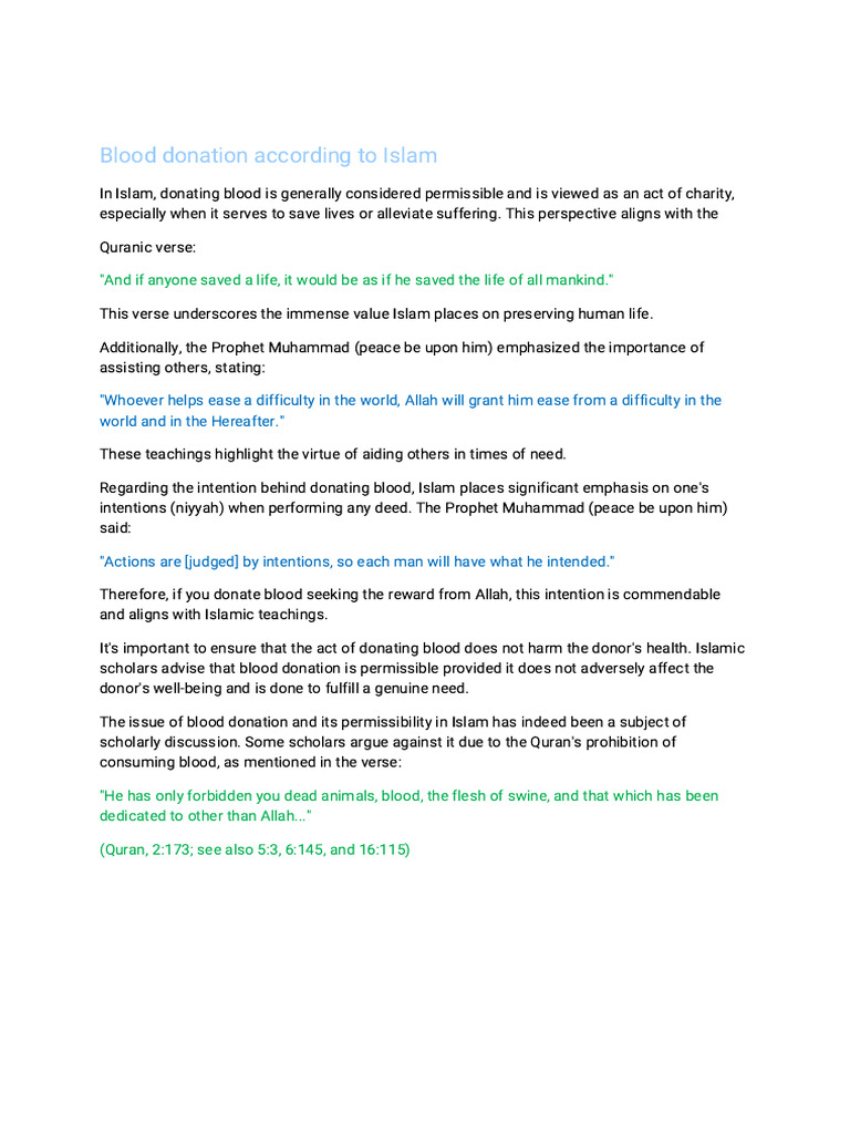 Blood Donation in Islam: Permissibility and Intentions | PDF | Sunni ...