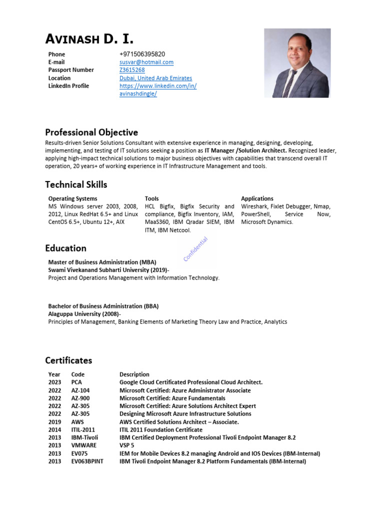 Resume of Avinash D. I . Ver. 3.11 | PDF | Computer Network | Computer Security