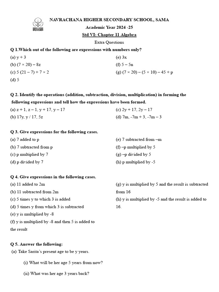 Algebra Extra Questions for Std VI | PDF | Multiplication | Length
