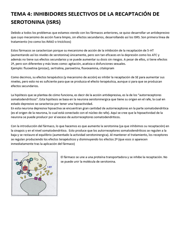 Tema 4 Antidepresivos ISRS | PDF | Serotonina | Inhibidor selectivo de ...