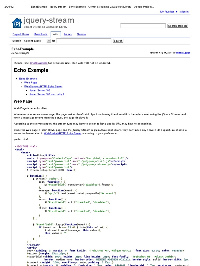 Echo Example - Jquery-Stream - Echo Example - Comet Streaming Javascript Library - Google ...