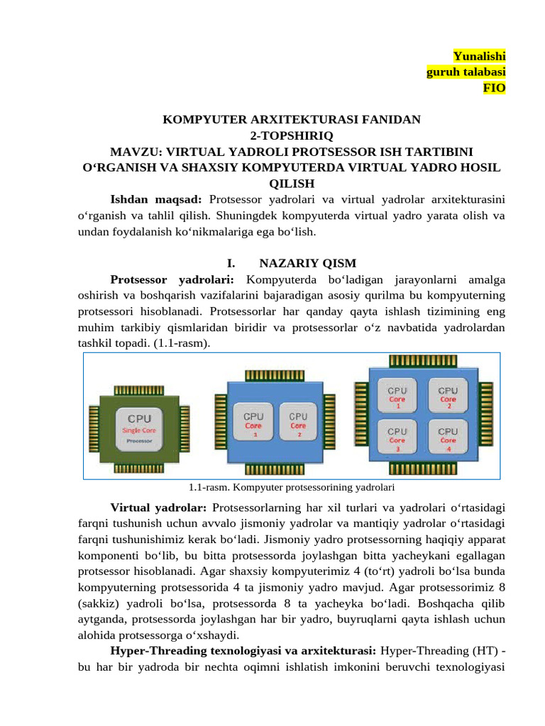 1.1-Rasm. Kompyuter Protsessorining Yadrolari | PDF