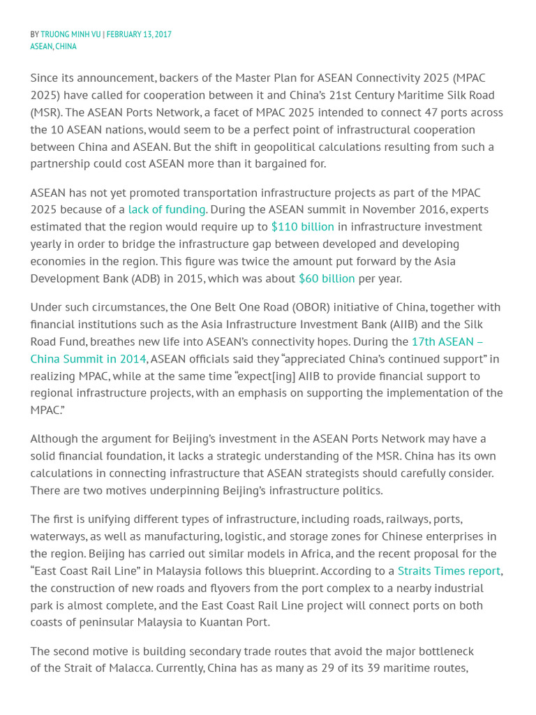 The Geopolitics of Infrastructure - ASEAN's China Challenge - Asia ...