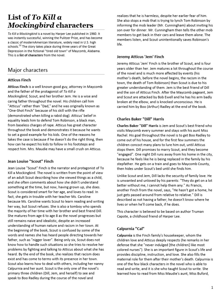 To Kill A Mockingbird Detailed List of Characters | PDF | To Kill A ...