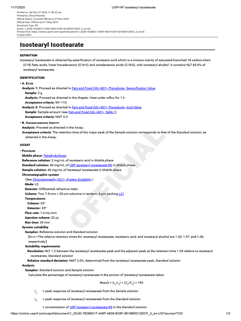 USP-NF Isostearyl Isostearate | PDF | Chromatography | Chemistry