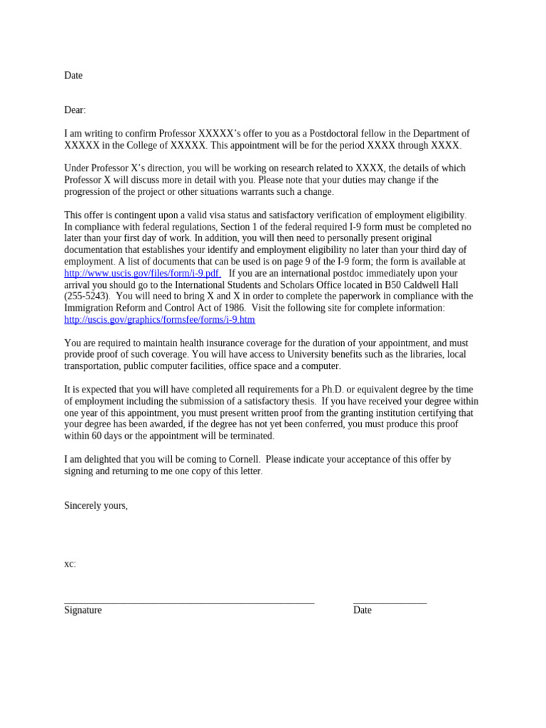 Postdoctoral Fellowship Offer Letter | PDF