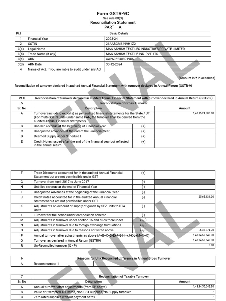 GSTR-9C 26aabcm6499h1z2 032024 | PDF | Revenue | Taxes