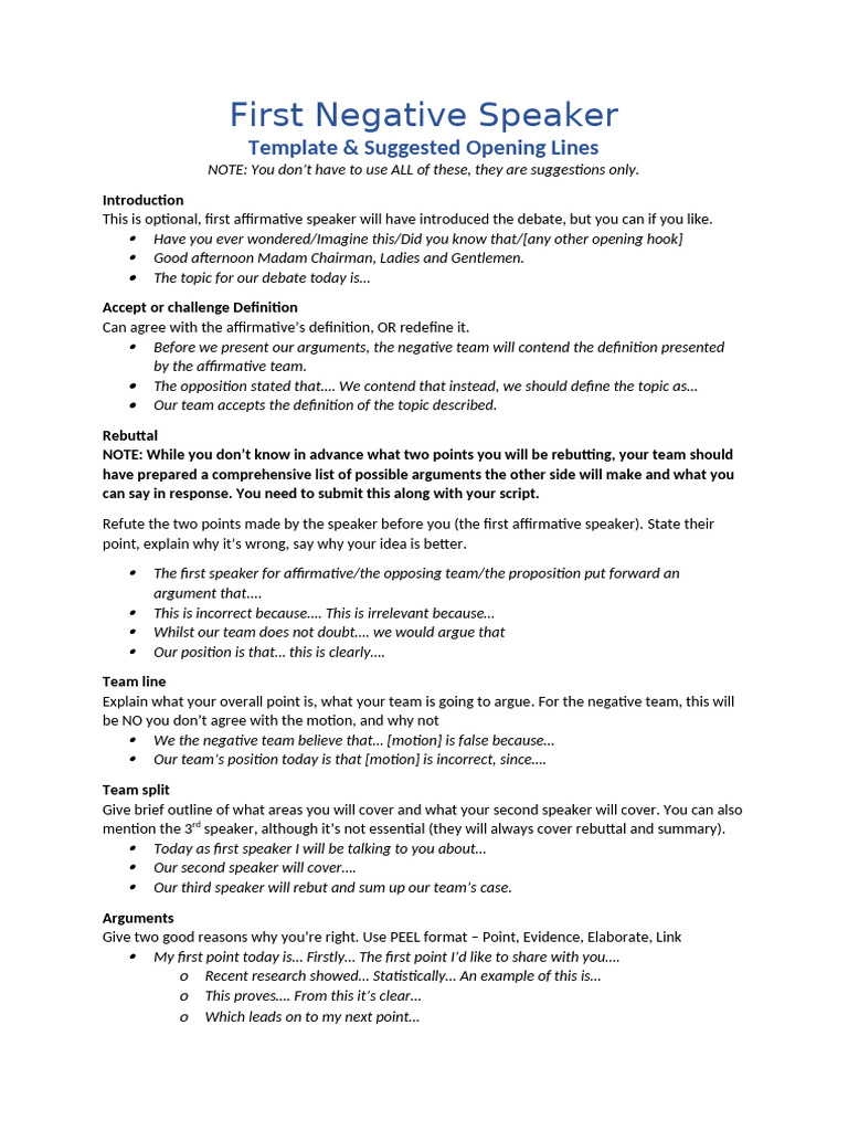 Speech Template - First Negative | PDF