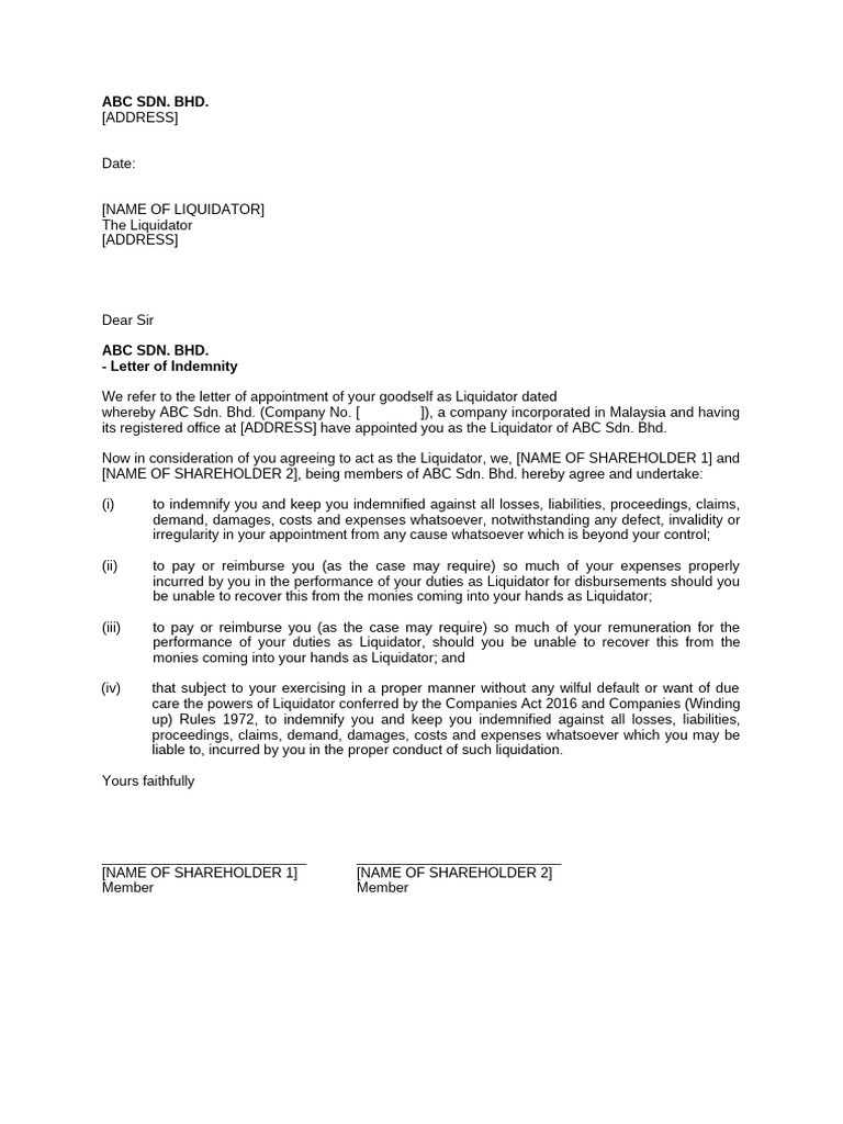 Letter of Indemnity From Members | PDF