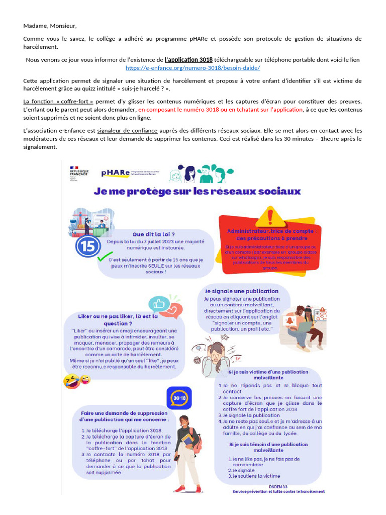 Message Aux Familles 3018 Cyberharcelement | PDF