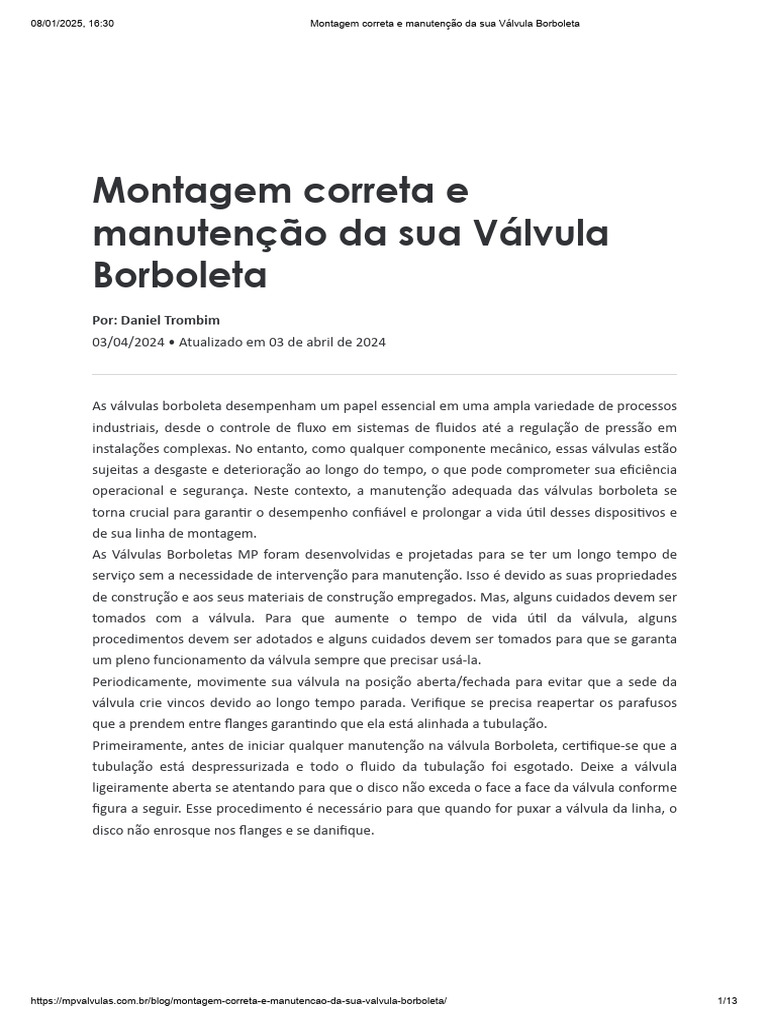 Manutenção e Montagem de Válvulas Borboleta | PDF | Válvula ...
