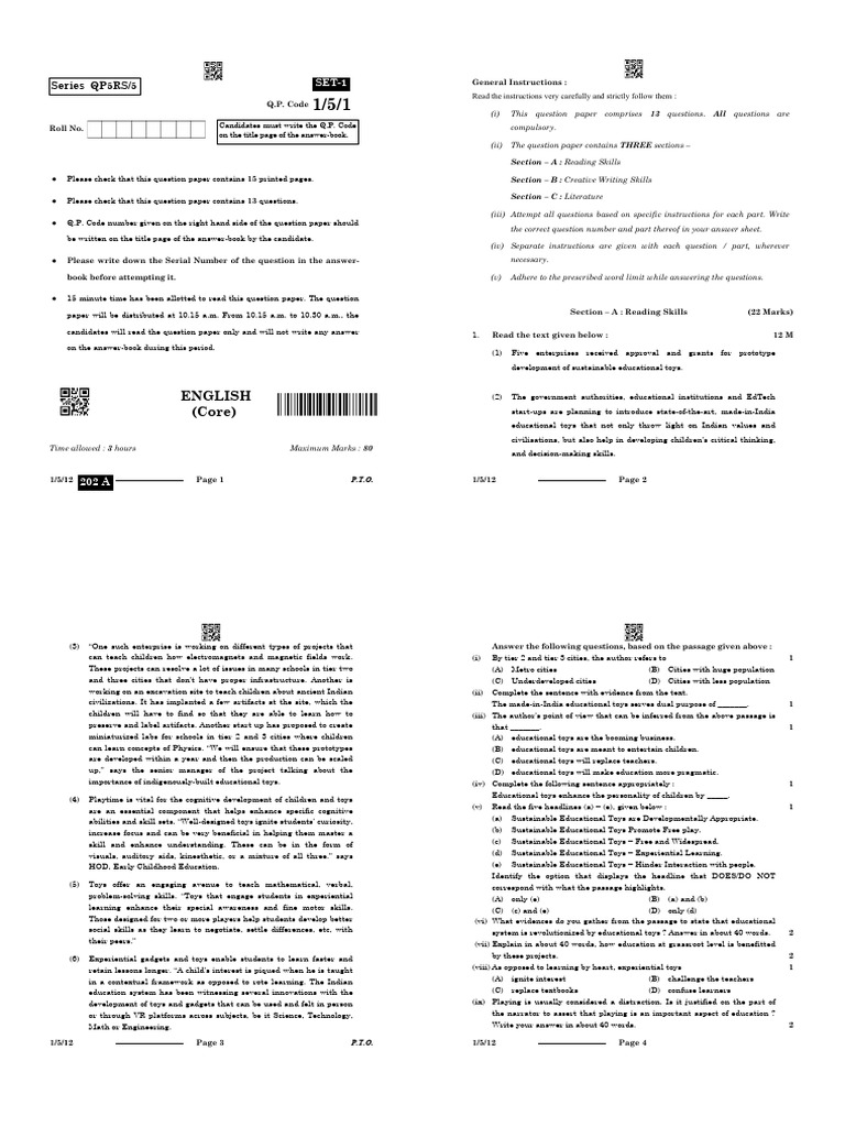 1 5 1 English Core - PDF 2024 Paper5 | PDF | Toys | Child Development