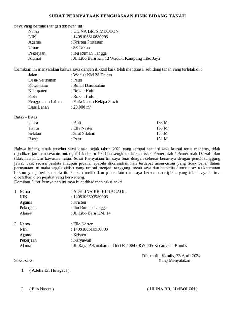 Surat Pernyataan Penguasaan Fisik Bidang Tanah | PDF