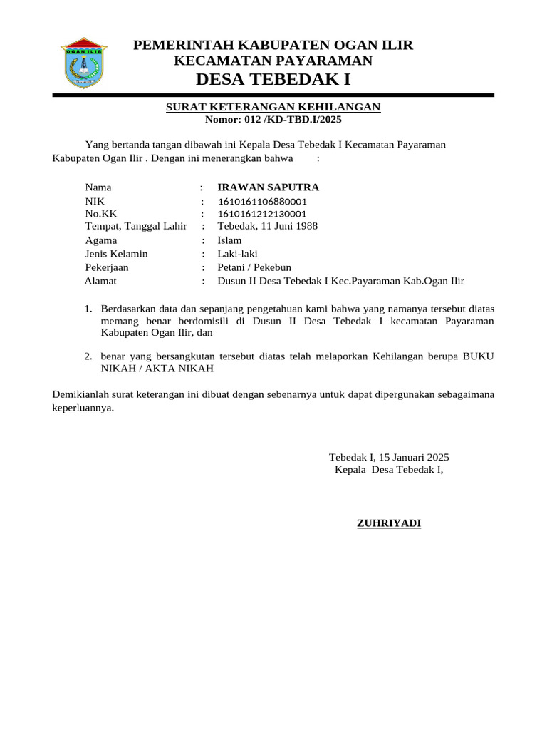 012.surat Keterangan Kehilangan Irawan Saputra | PDF