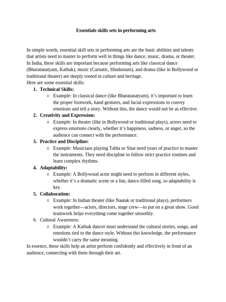 Essential Skills in Performing Arts | PDF | Dances | Emotions