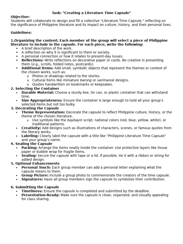 Literature Time Capsule Task | PDF