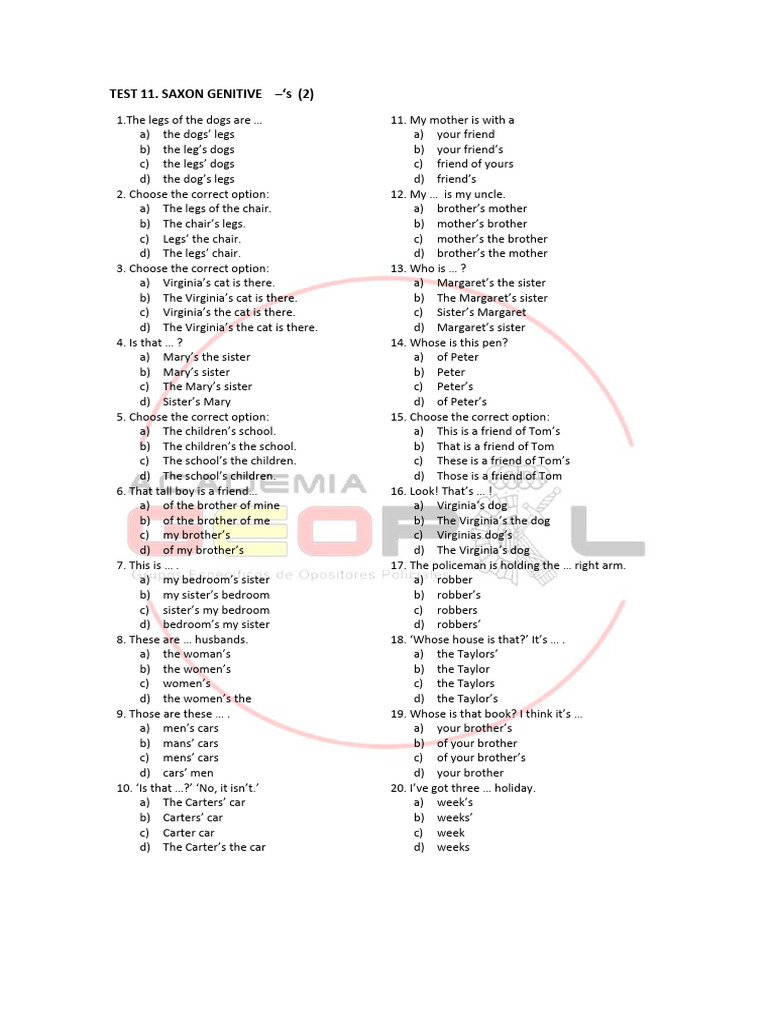 Unit 2. Test 11. Genitivo Sajón | PDF | Linguistic Typology | Syntax