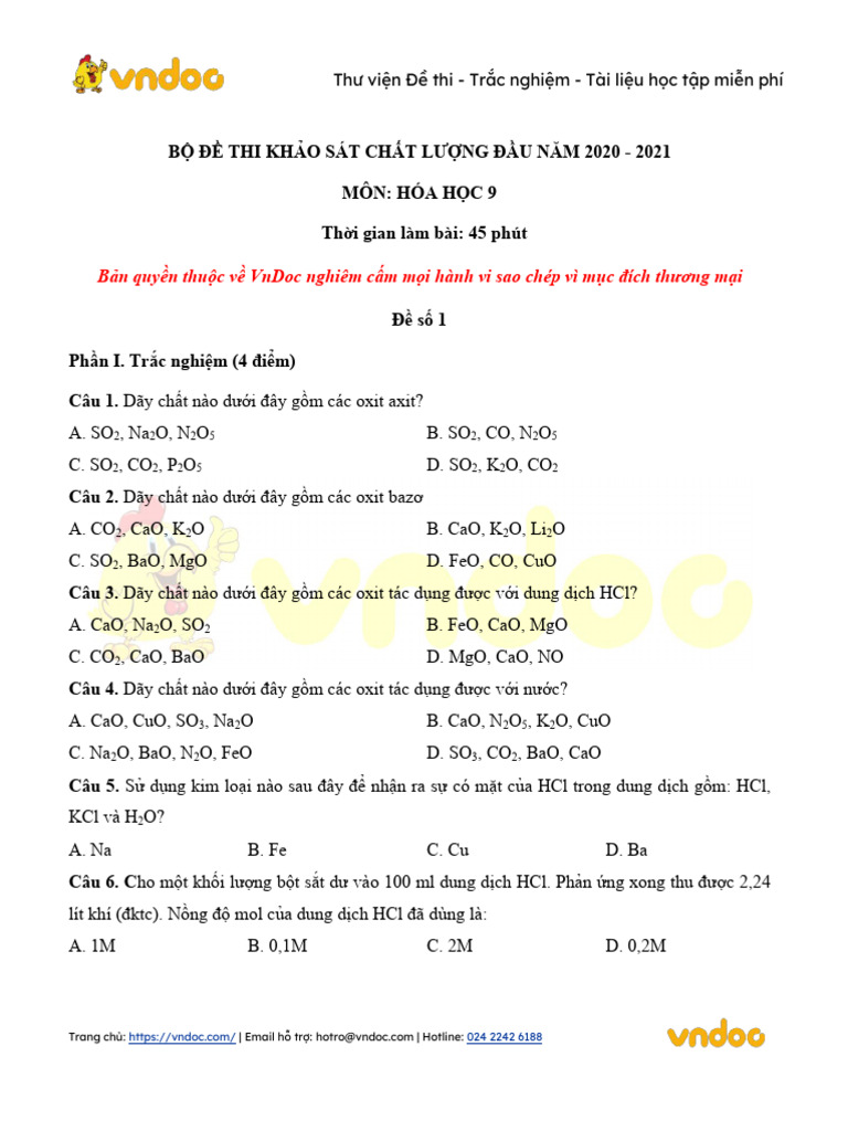 Bo de Thi Khao Sat Chat Luong Dau Nam Lop 9 Mon Hoa 2020 2021 | PDF