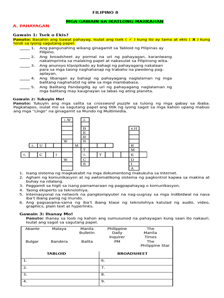 Filipino 8 q3 Mga Gawain | PDF