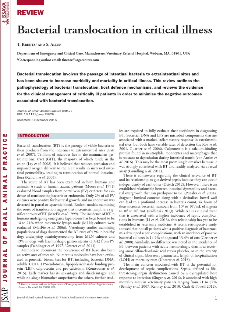 Krentz 2017 Bacterial Translocation in Critical Illness | PDF ...