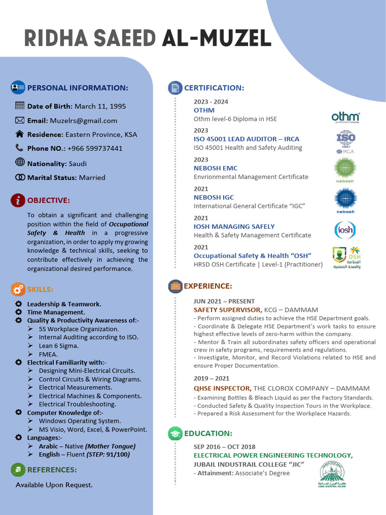 Occupational Safety & Health Resume | PDF | Occupational Safety And ...