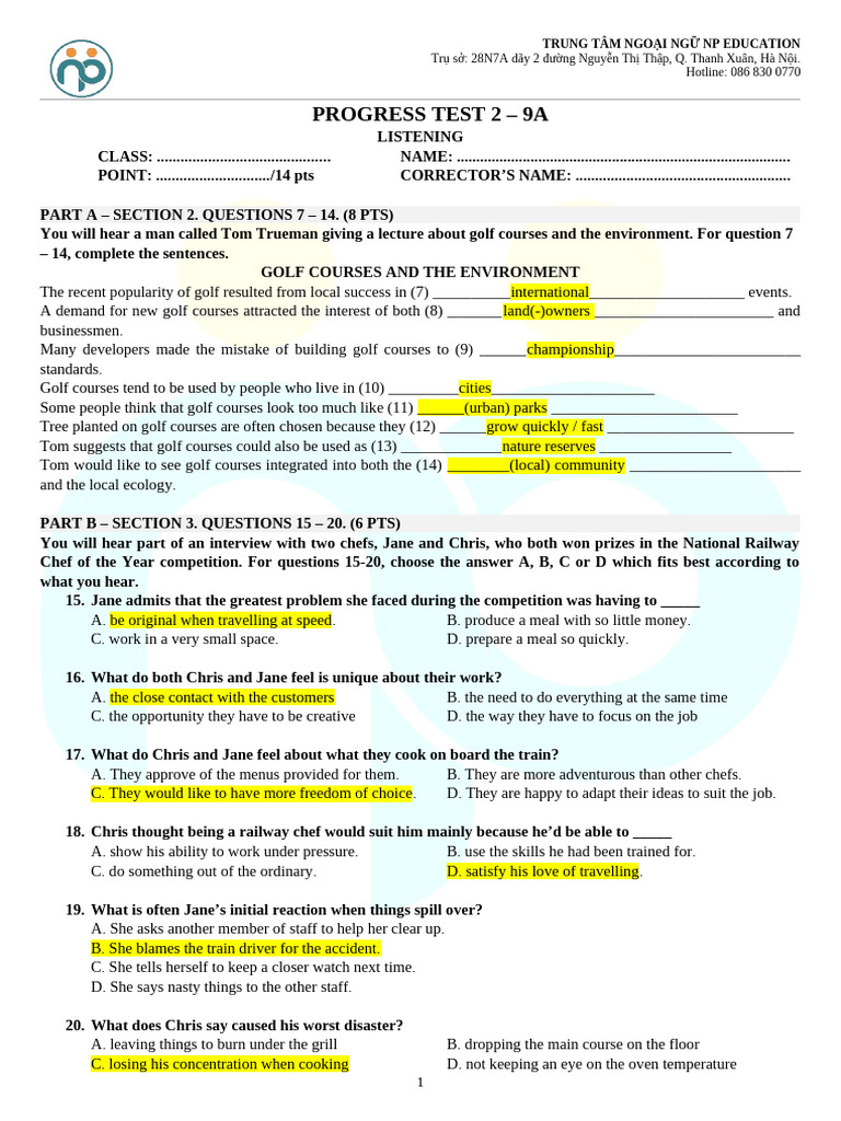 9A PT2 LISTENING KEY | PDF